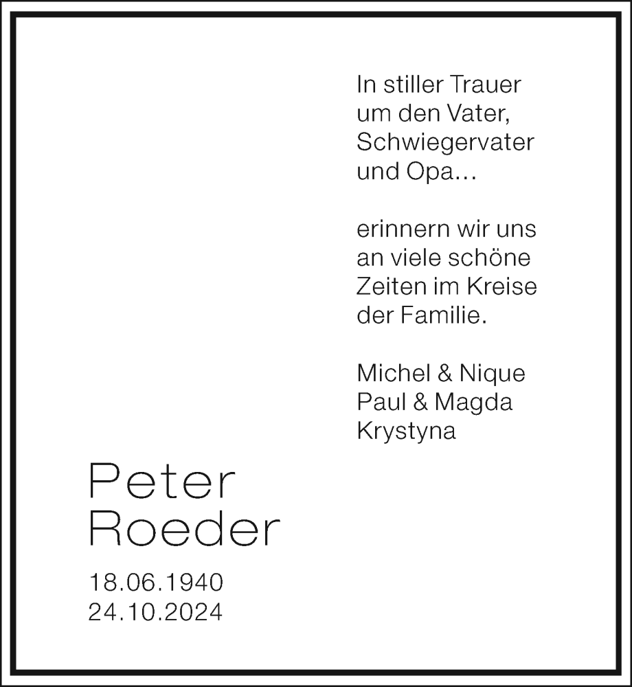 Traueranzeigen von Peter Roeder | trauer-anzeigen.de