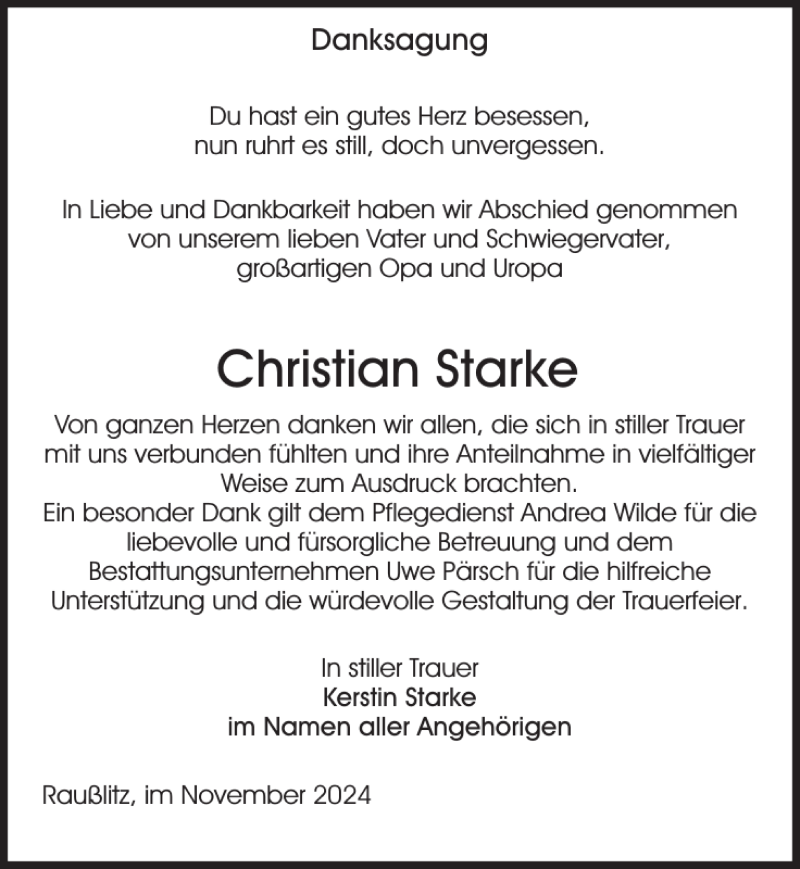 Traueranzeigen von Christian Starke | trauer-anzeigen.de