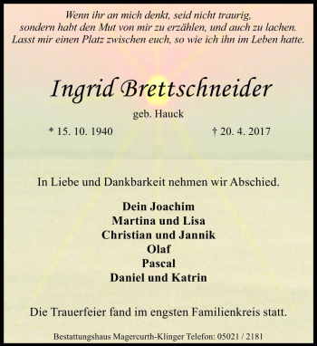 Traueranzeigen von Ingrid Brettschneider | trauer-anzeigen.de