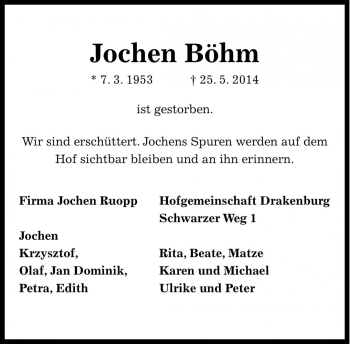Traueranzeigen von Jochen Böhm | trauer-anzeigen.de