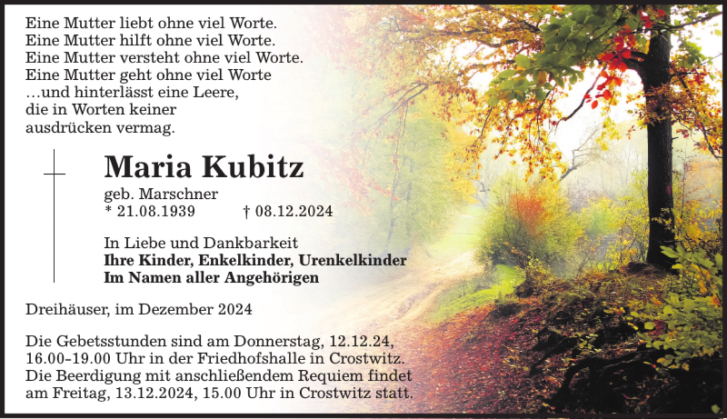 Traueranzeigen von Maria Kubitz | trauer-anzeigen.de
