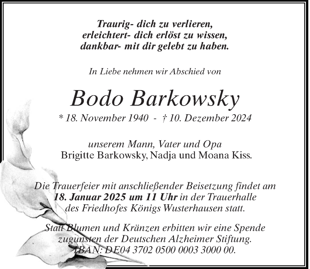 Traueranzeigen von Bodo Barkowsky | trauer-anzeigen.de
