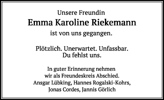 Traueranzeigen von Emma Karoline Riekemann | trauer-anzeigen.de