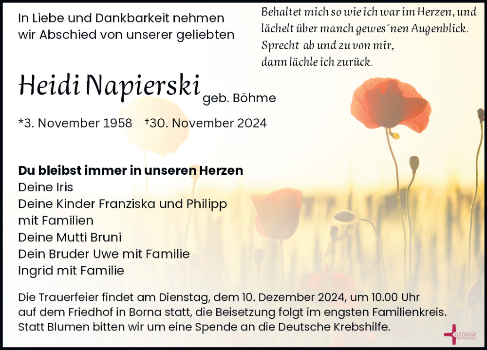 Traueranzeigen von Heidi Napierski | trauer-anzeigen.de