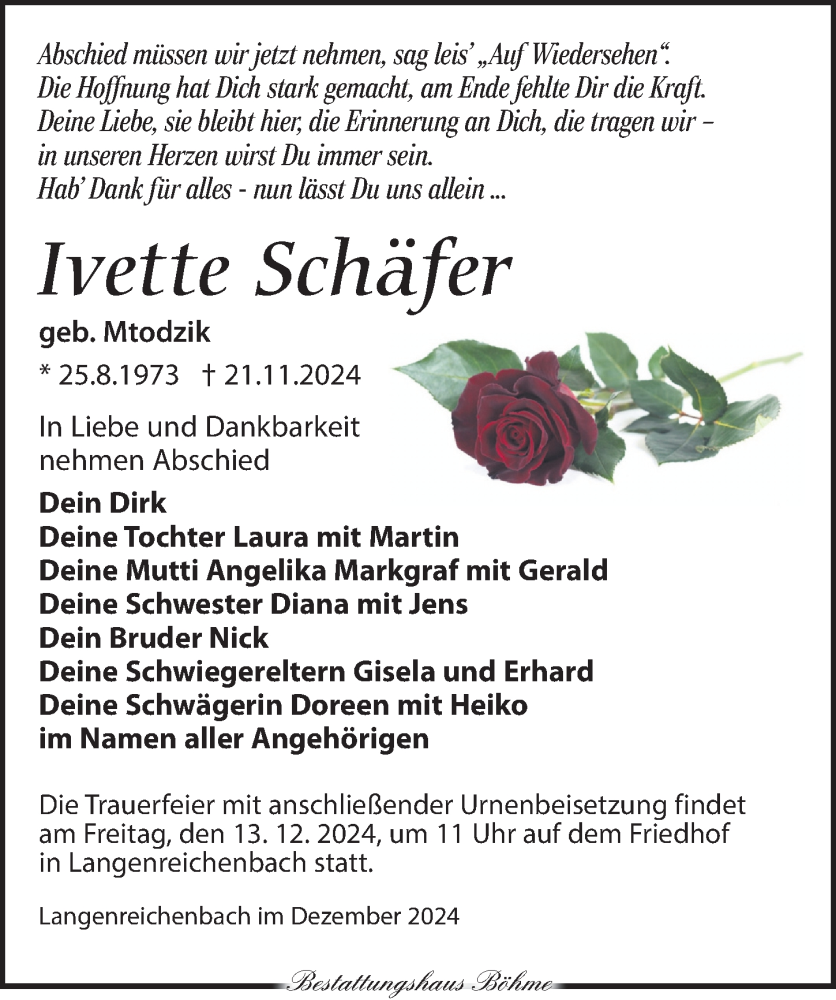 Traueranzeigen von Ivette Schäfer | trauer-anzeigen.de