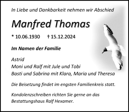 Traueranzeigen von Manfred Thomas | trauer-anzeigen.de