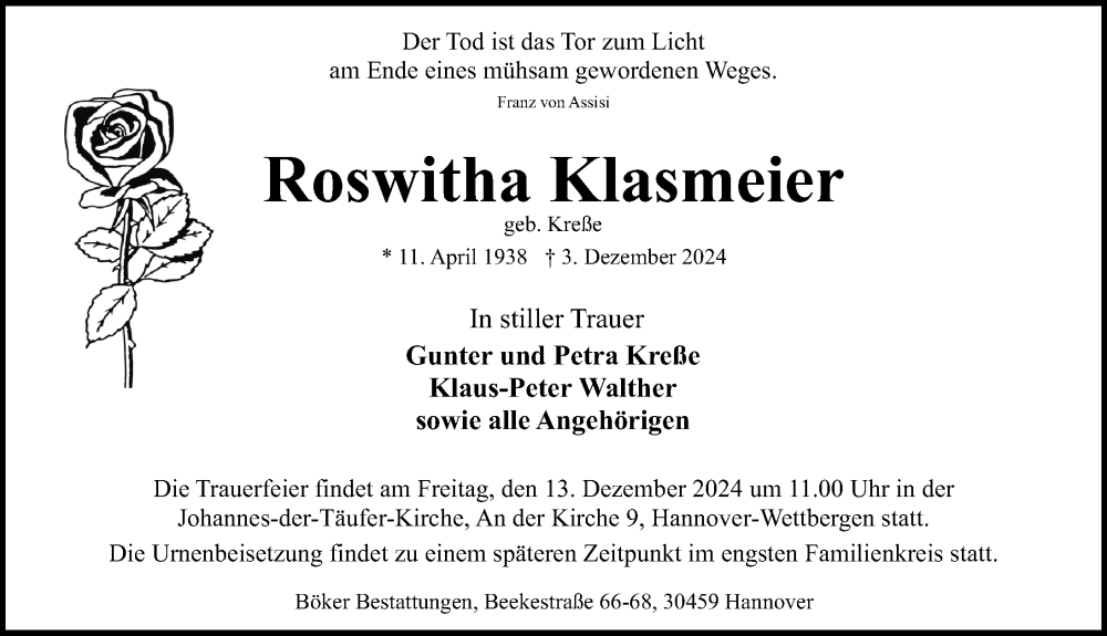 Traueranzeigen von Roswitha Klasmeier | trauer-anzeigen.de