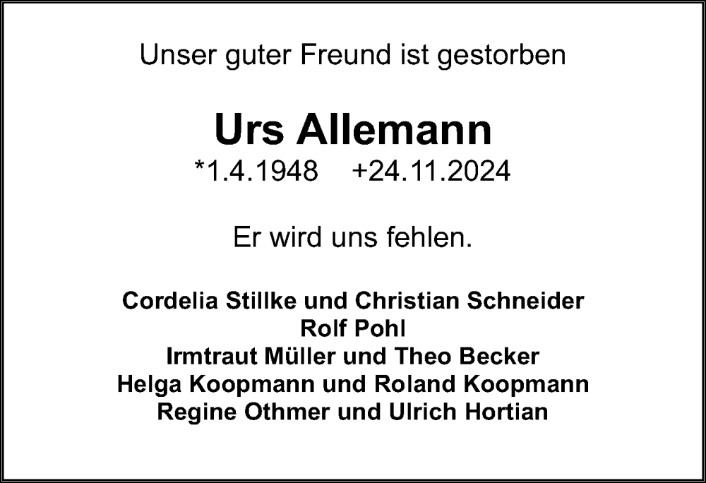 Traueranzeigen von Urs Allemann | trauer-anzeigen.de