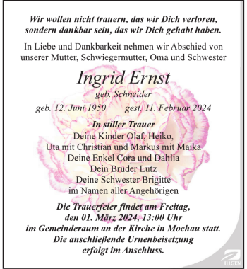 Traueranzeigen von Ingrid Ernst | trauer-anzeigen.de
