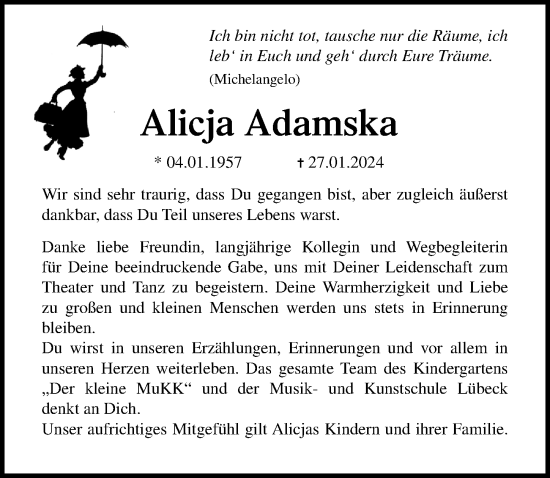 Traueranzeigen von Alicja Adamska | trauer-anzeigen.de