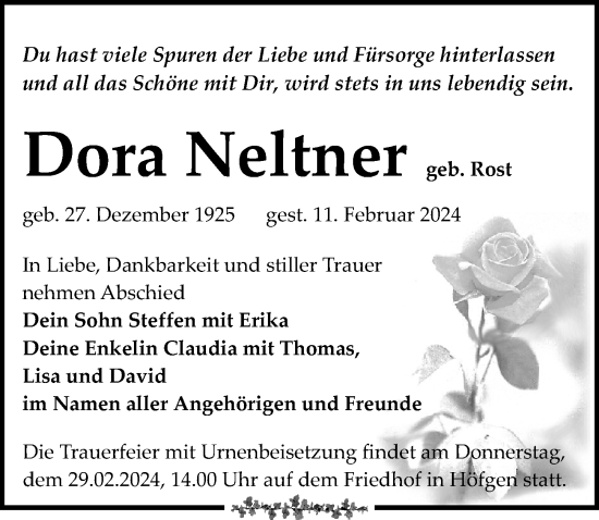 Traueranzeigen von Dora Neltner | trauer-anzeigen.de