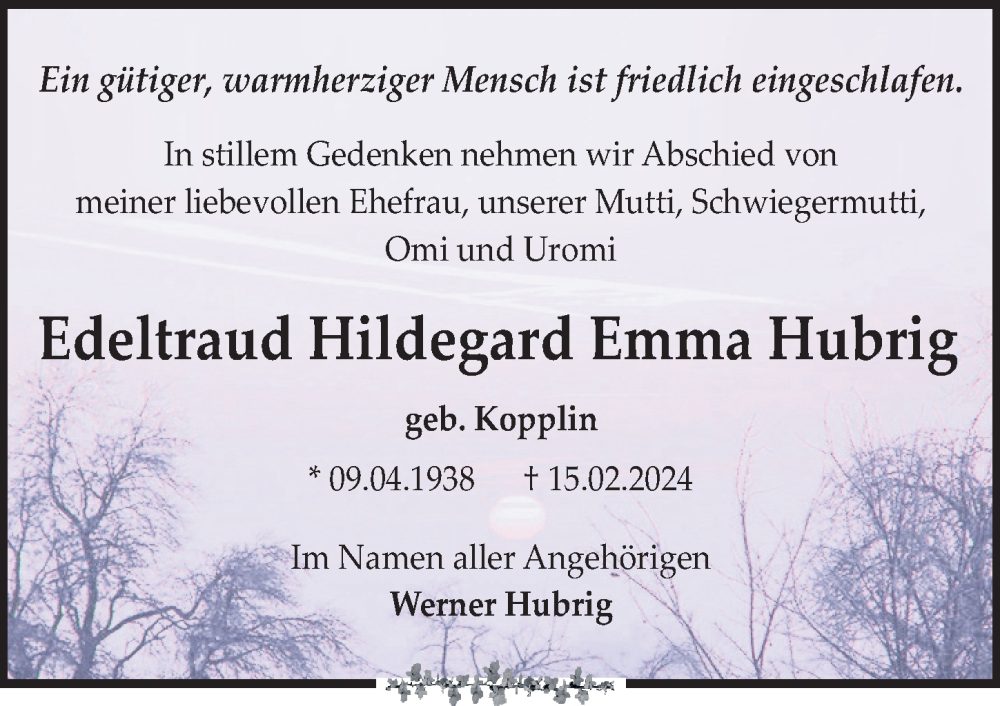 Traueranzeigen von Edeltraud Hildegard Emma Hubrig | trauer-anzeigen.de