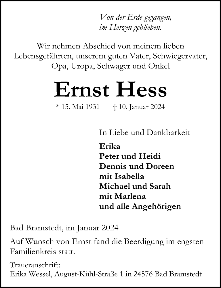 Traueranzeigen von Ernst Hess | trauer-anzeigen.de