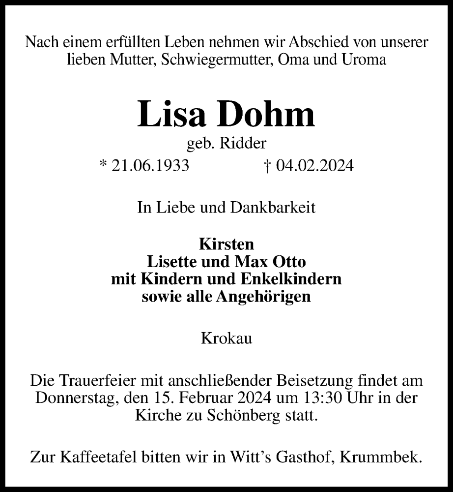 Traueranzeigen von Lisa Dohm | trauer-anzeigen.de