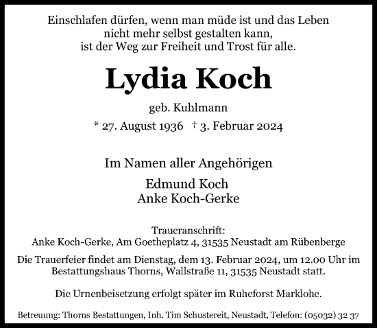 Traueranzeigen von Lydia Koch | trauer-anzeigen.de