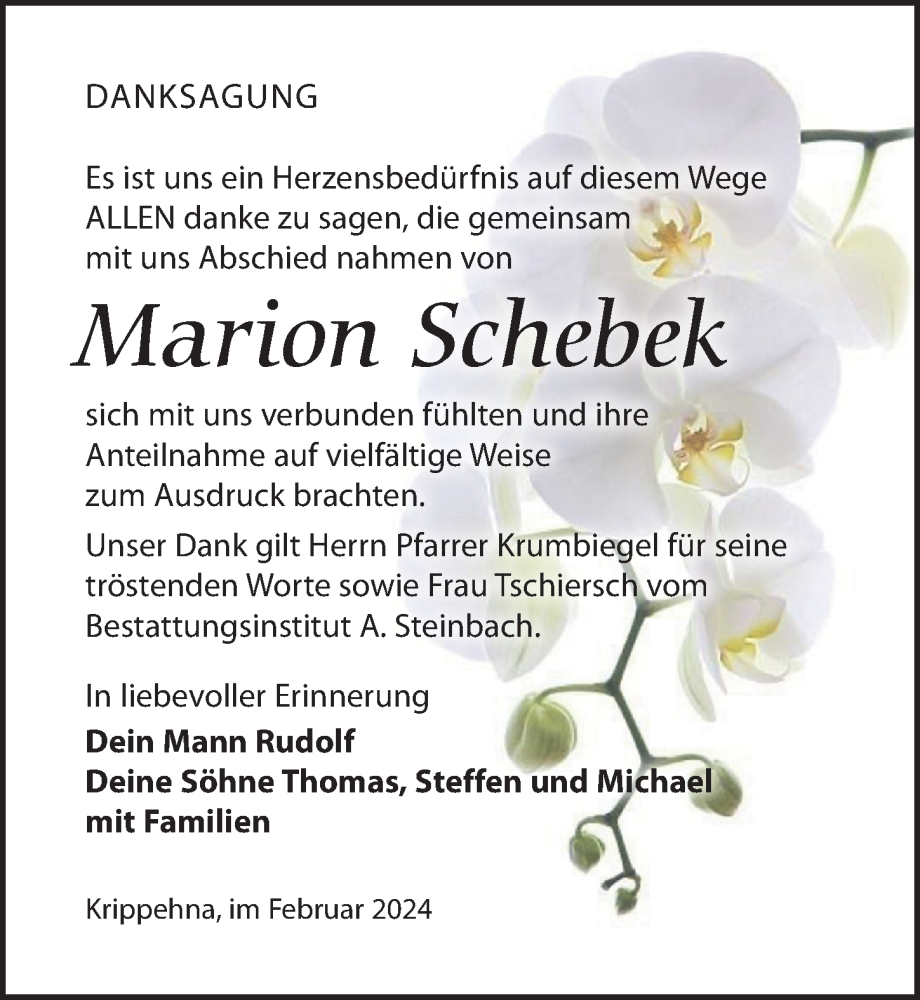 Traueranzeigen von Marion Schebek | trauer-anzeigen.de