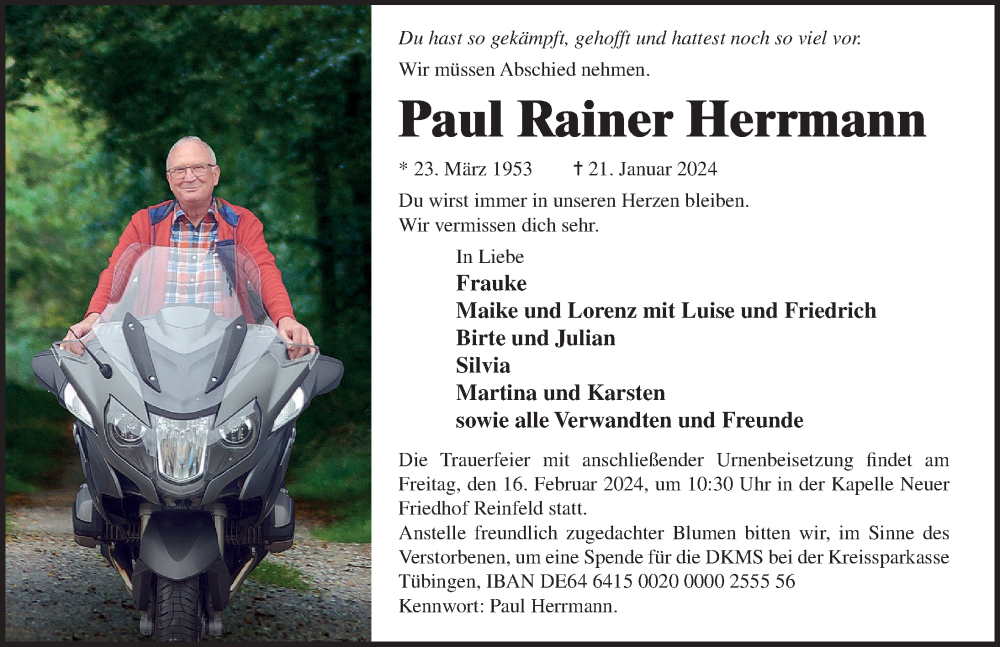 Traueranzeigen von Paul Rainer Herrmann | trauer-anzeigen.de