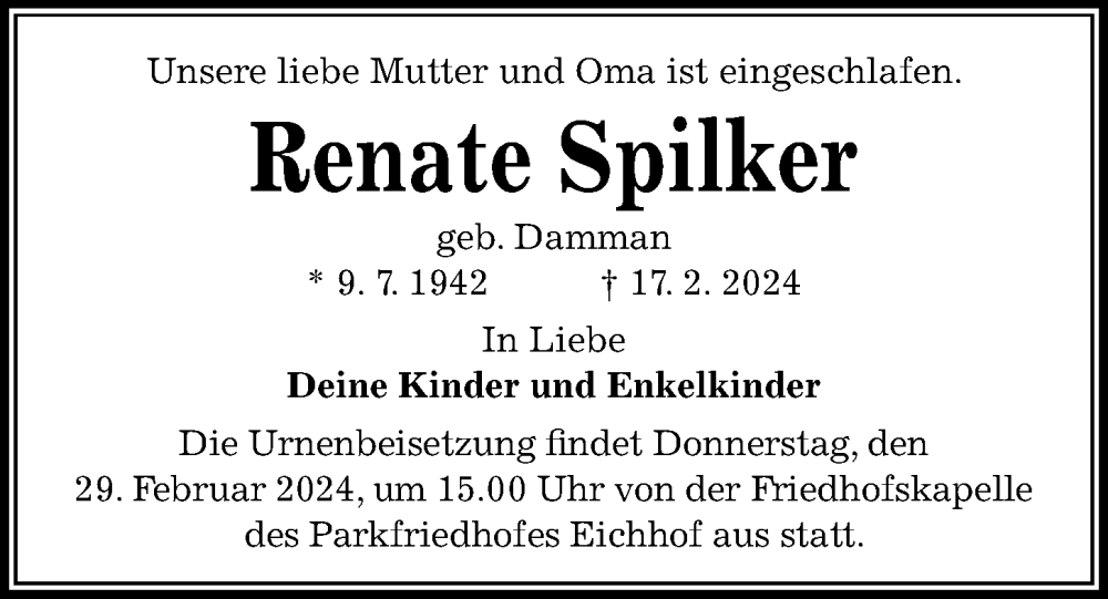 Traueranzeigen von Renate Spilker | trauer-anzeigen.de