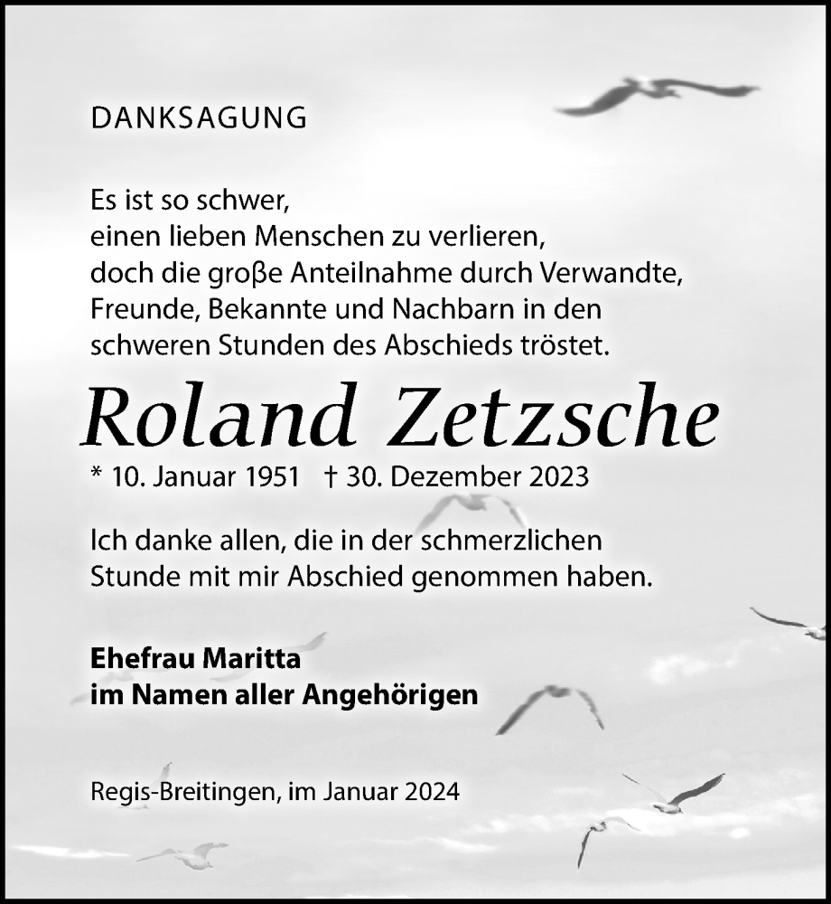 Traueranzeigen von Roland Zetzsche | trauer-anzeigen.de