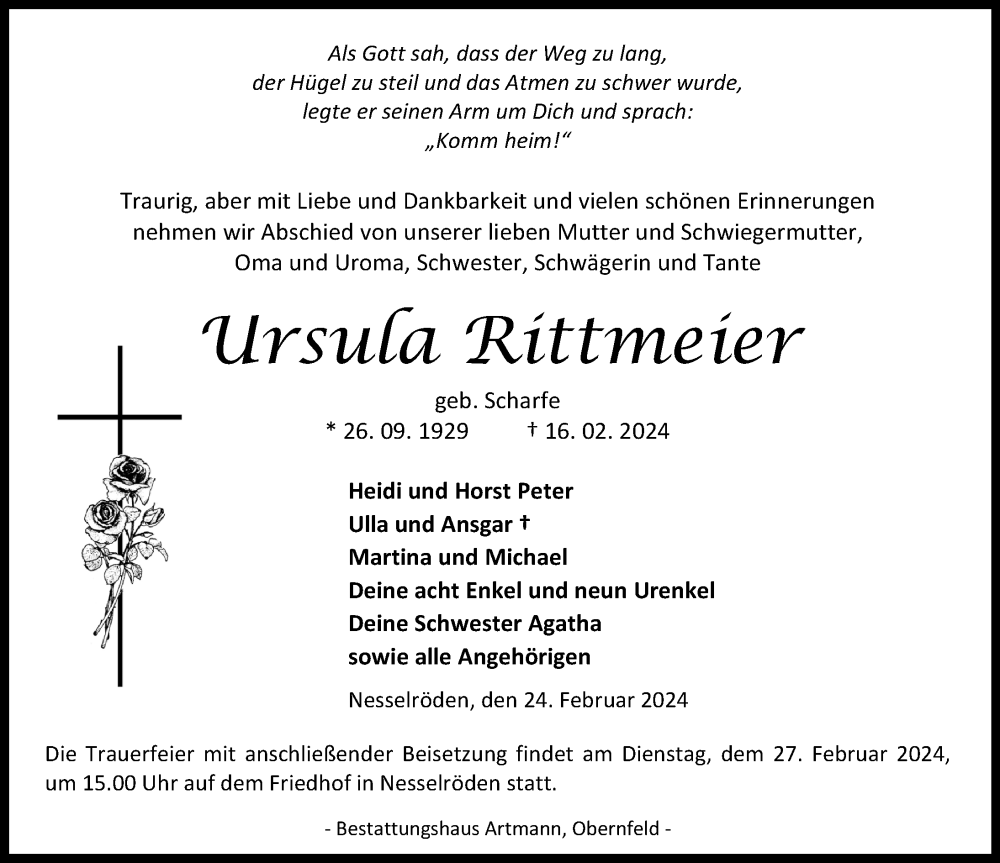 Traueranzeigen von Ursula Rittmeier | trauer-anzeigen.de