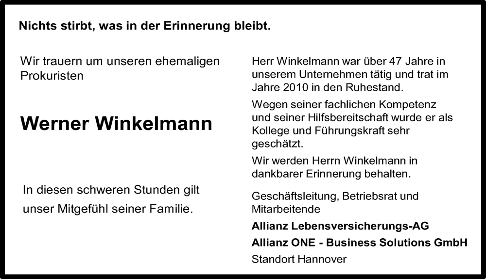 Traueranzeigen von Werner Winkelmann | trauer-anzeigen.de