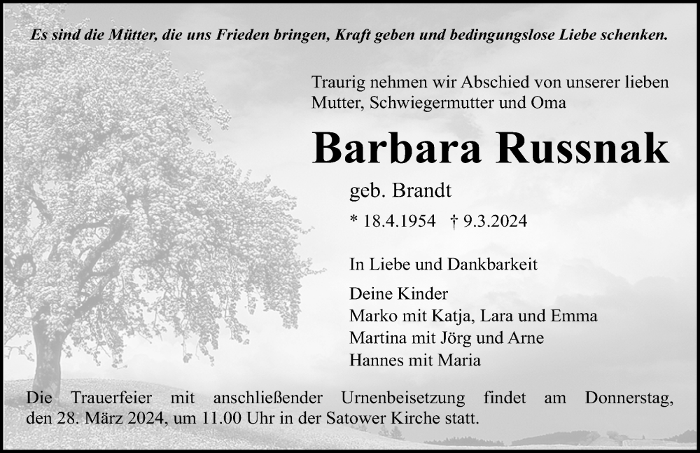 Traueranzeigen von Barbara Russnak | trauer-anzeigen.de
