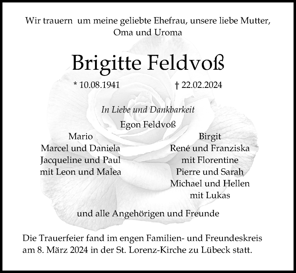 Traueranzeigen von Brigitte Feldvoß | trauer-anzeigen.de