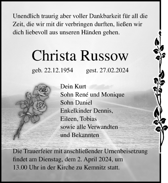 Traueranzeigen von Christa Russow | trauer-anzeigen.de