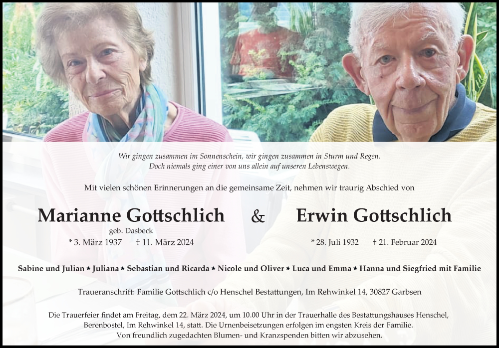 Traueranzeigen von Erwin Gottschlich | trauer-anzeigen.de