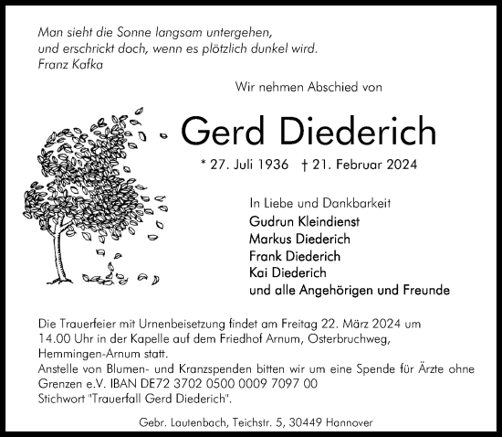Traueranzeigen von Gerd Diederich | trauer-anzeigen.de