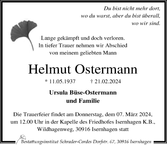 Traueranzeigen von Helmut Ostermann | trauer-anzeigen.de