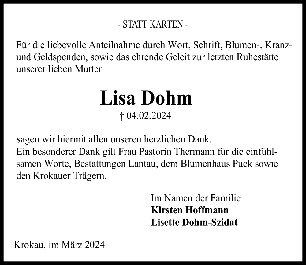 Traueranzeigen von Lisa Dohm | trauer-anzeigen.de