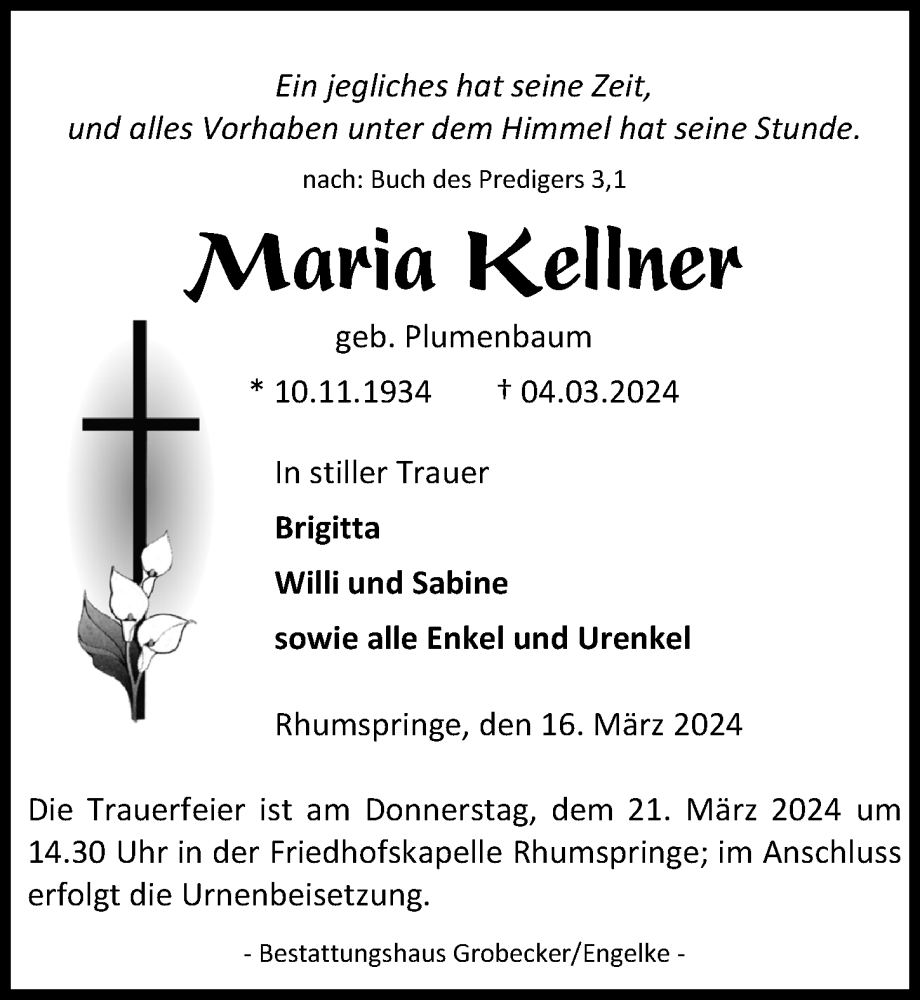 Traueranzeigen von Maria Kellner | trauer-anzeigen.de