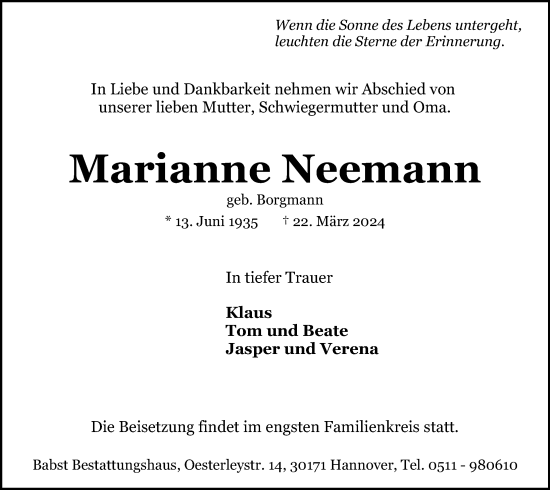 Traueranzeigen von Marianne Neemann | trauer-anzeigen.de