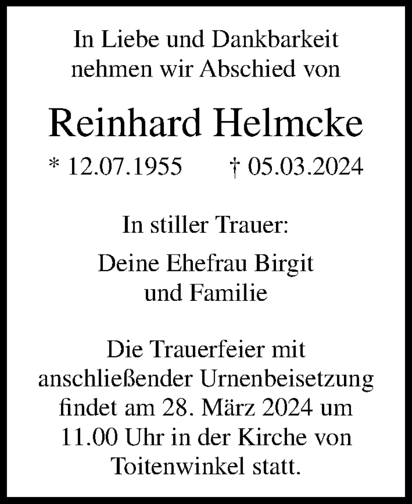 Traueranzeigen von Reinhard Helmcke | trauer-anzeigen.de