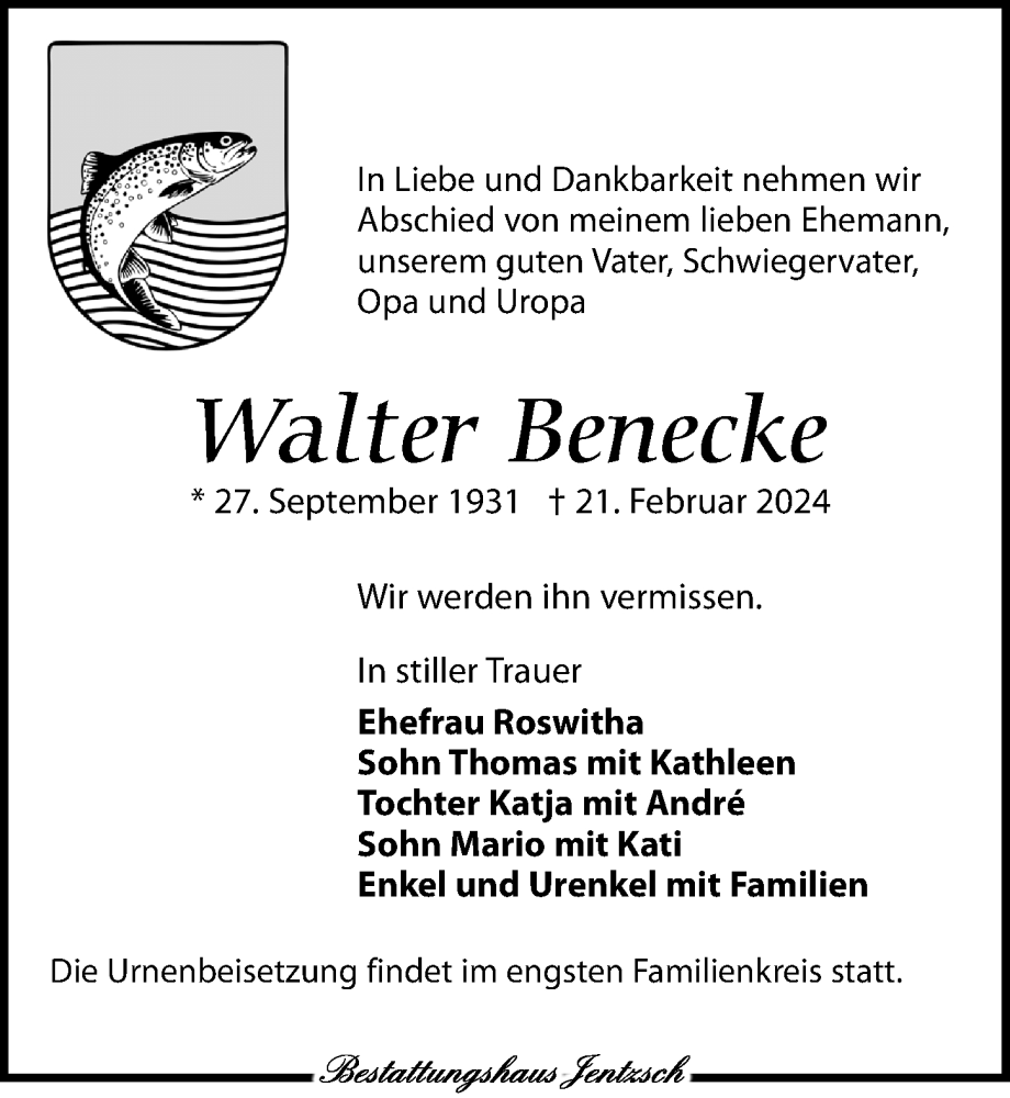 Traueranzeigen von Walter Benecke | trauer-anzeigen.de