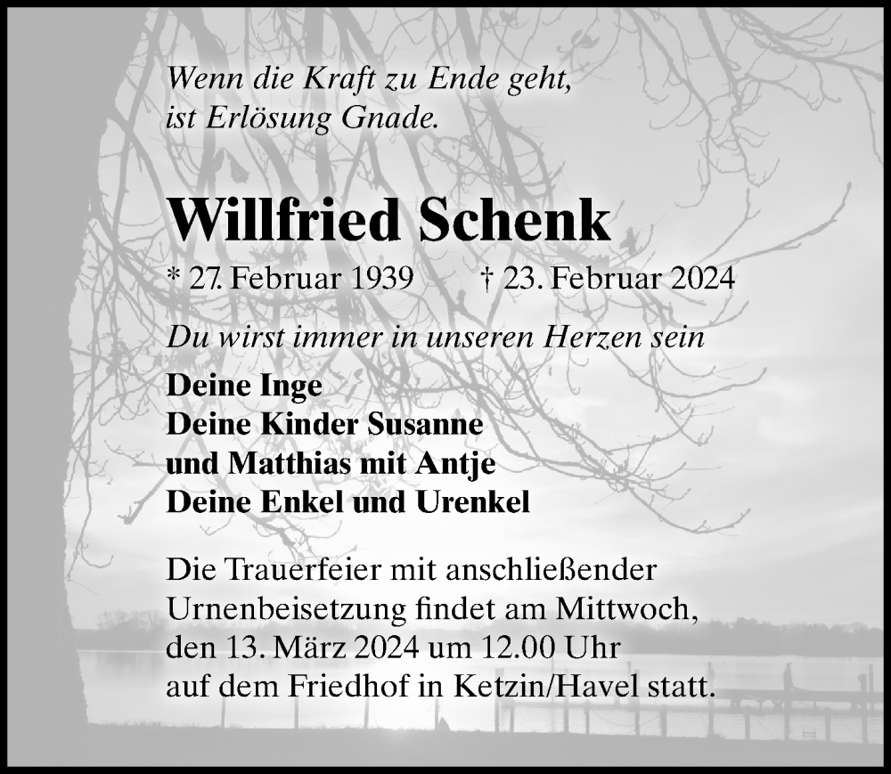 Traueranzeigen von Willfried Schenk | trauer-anzeigen.de