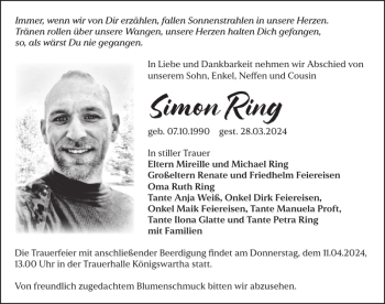 Traueranzeigen von Simon Ring | trauer-anzeigen.de