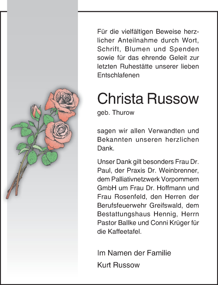 Traueranzeigen von Christa Russow | trauer-anzeigen.de