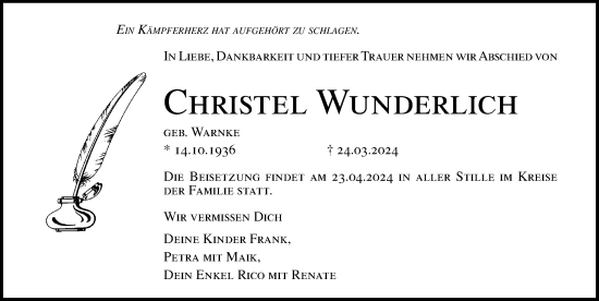 Traueranzeigen von Christel Wunderlich | trauer-anzeigen.de