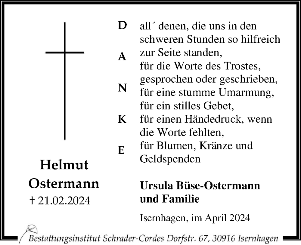Traueranzeigen von Helmut Ostermann | trauer-anzeigen.de