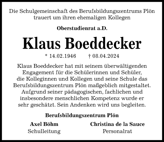 Traueranzeigen von Klaus Boeddecker | trauer-anzeigen.de