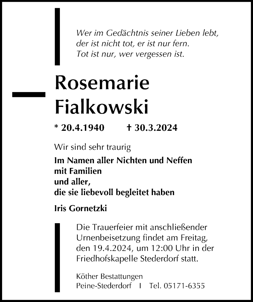 Traueranzeigen von Rosemarie Fialkowski | trauer-anzeigen.de