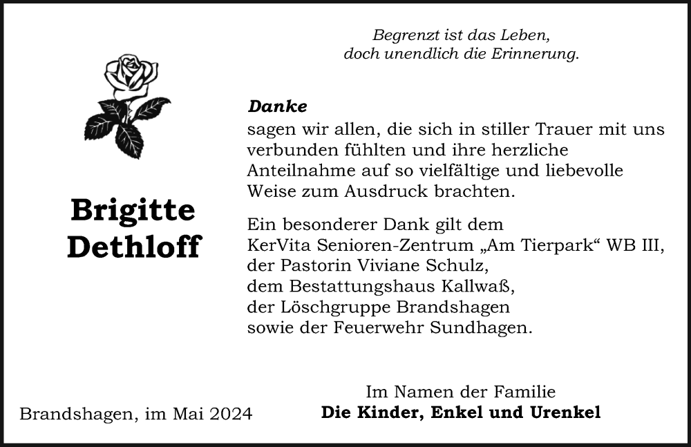 Traueranzeigen von Brigitte Dethloff | trauer-anzeigen.de