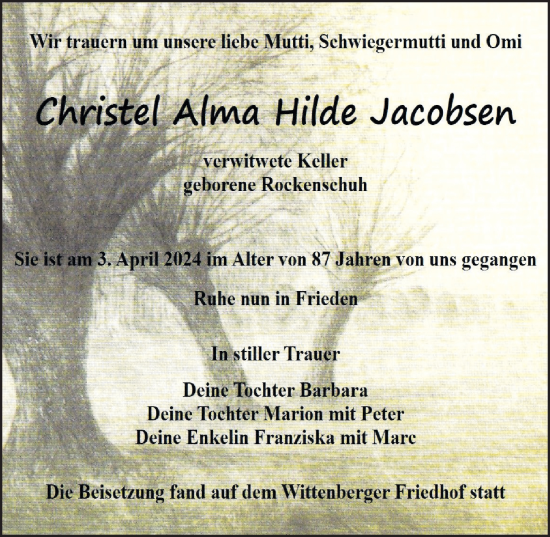Traueranzeigen von Christel Alma Hilde Jacobsen | trauer-anzeigen.de