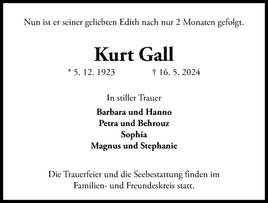 Traueranzeigen von Kurt Gall | trauer-anzeigen.de
