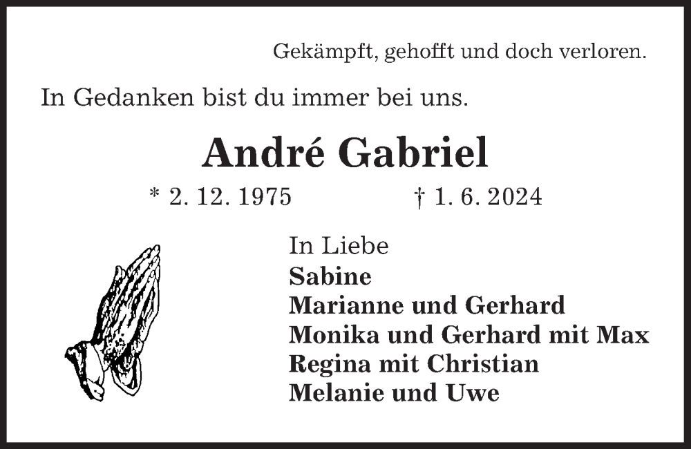 Traueranzeigen von Andre Gabriel | trauer-anzeigen.de