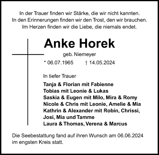 Traueranzeigen von Anke Horek | trauer-anzeigen.de
