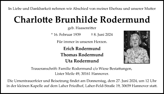 Traueranzeigen von Charlotte Brunhilde Rodermund | trauer-anzeigen.de