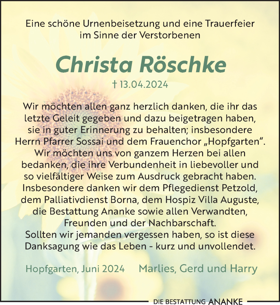 Traueranzeigen von Christa Röschke | trauer-anzeigen.de